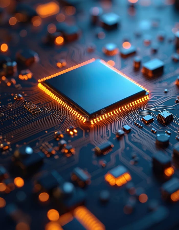 Close-up Illustration of Computer Circuit Board with Glowing Processor ...