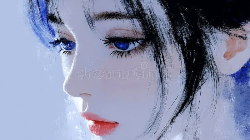 A Close-up Illustration of a Face with Striking Blue Eyes and Delicate ...