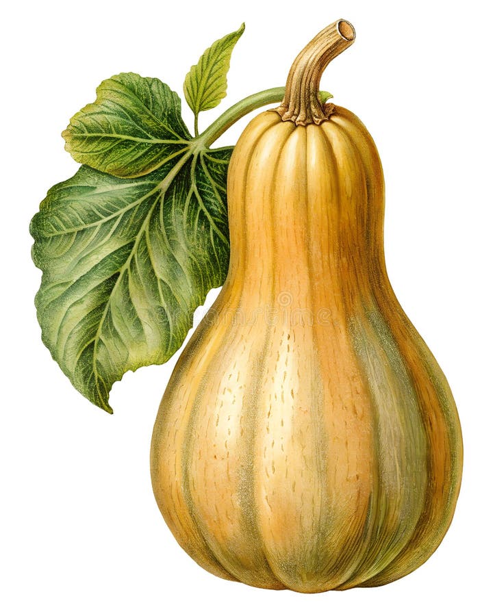 A Close-up Illustration of a Single Butternut Squash with a Large Green ...