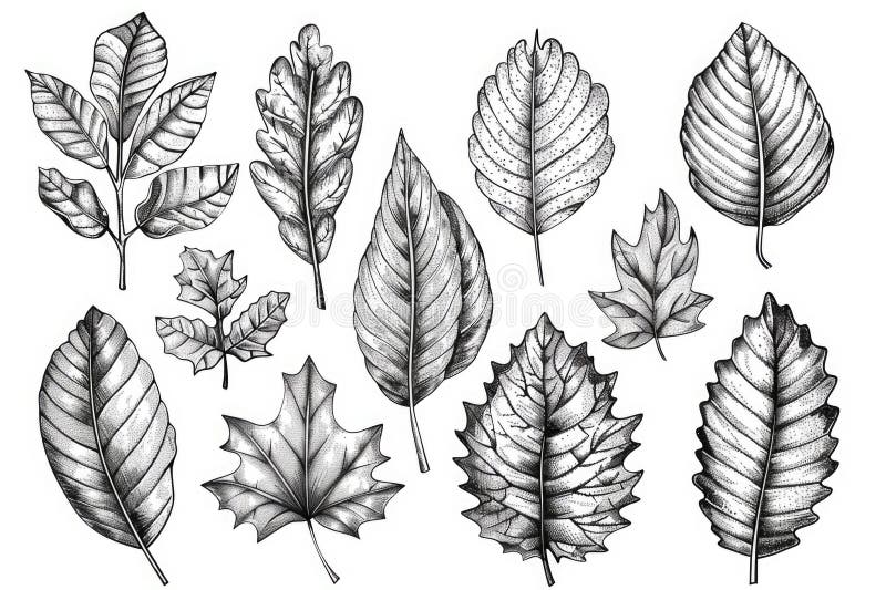 A Close-up Illustration of Variously Shaped Leaves Drawn with Ink Stock ...