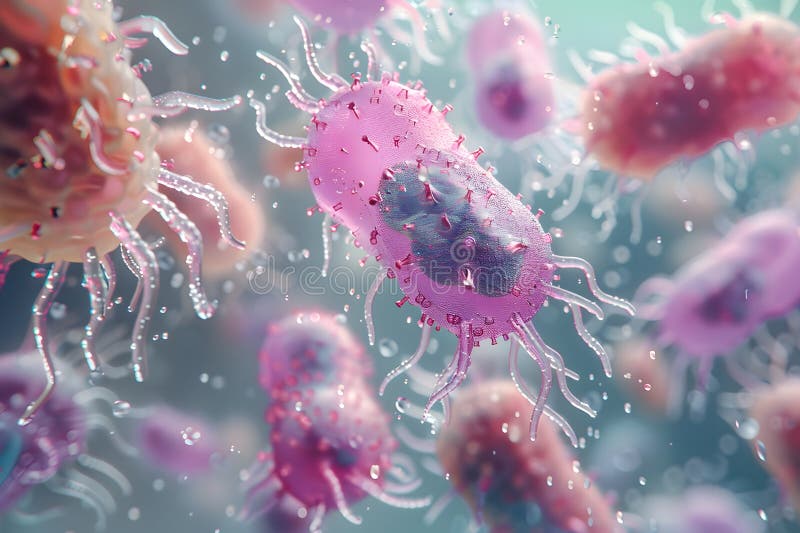 Microscopic View of Pink Bacteria in Motion Science and Biology Concept ...