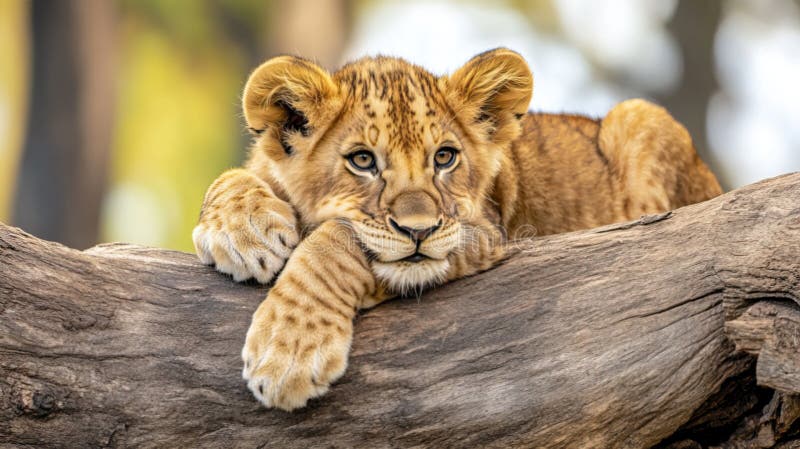 A Close-up Image of an Adorable Lion Cub Resting on a Tree Log Stock ...