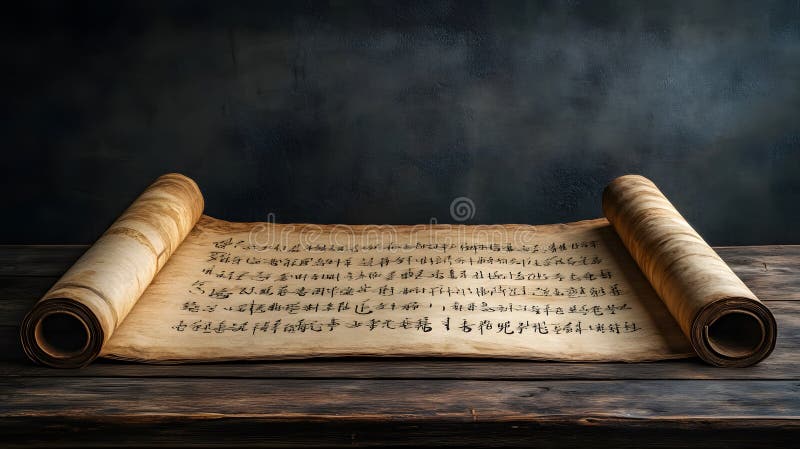 Ancient Manuscript Scroll on Rustic Wooden Table with Dark Background ...