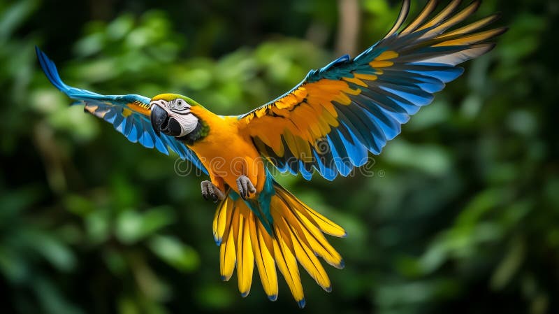 Close-up Image of Ara Macaw Parrot Flying in the Green Jungle. Stock ...