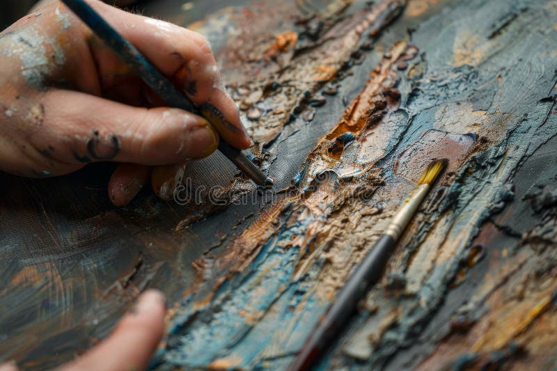 A Close-up Image of an Artists Hand Mixing Paint on a Canvas with ...