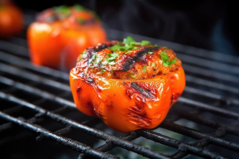 Close Up Image of Bbq Stuffed Bell Pepper with Smoke Effect Stock Image ...