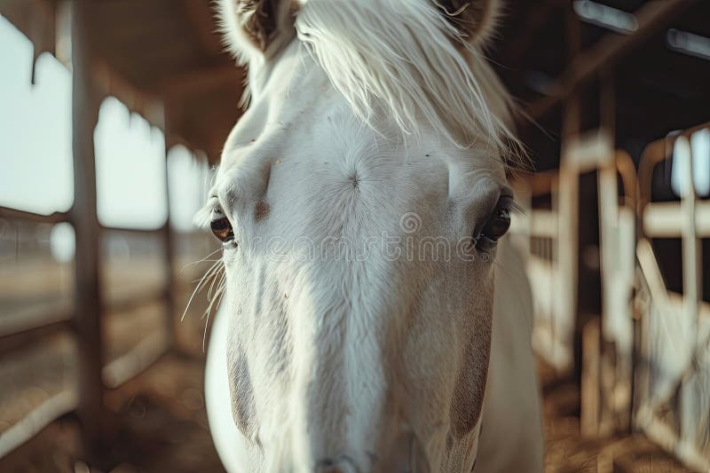 A Close-up Image of a Beautiful White Horse in a Stable Stall, Looking ...