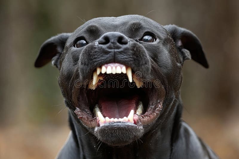 Aggressive Black Staffordshire Bull Terrier Dog Showing Teeth Stock ...