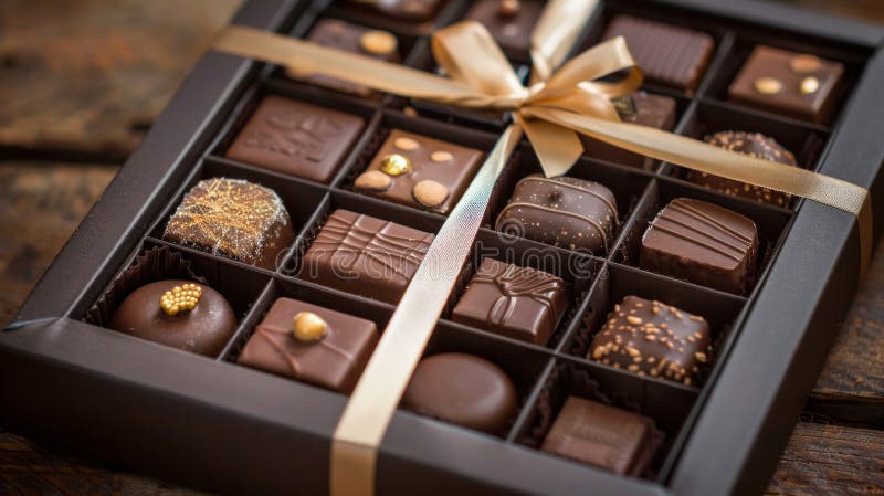 A Close-up of a Black Gift Box Filled with Assorted Chocolates and Tied ...