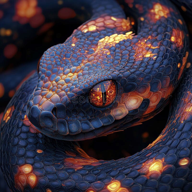 Close-up Image of a Blue, Fire-patterned Snake with a Reflective ...