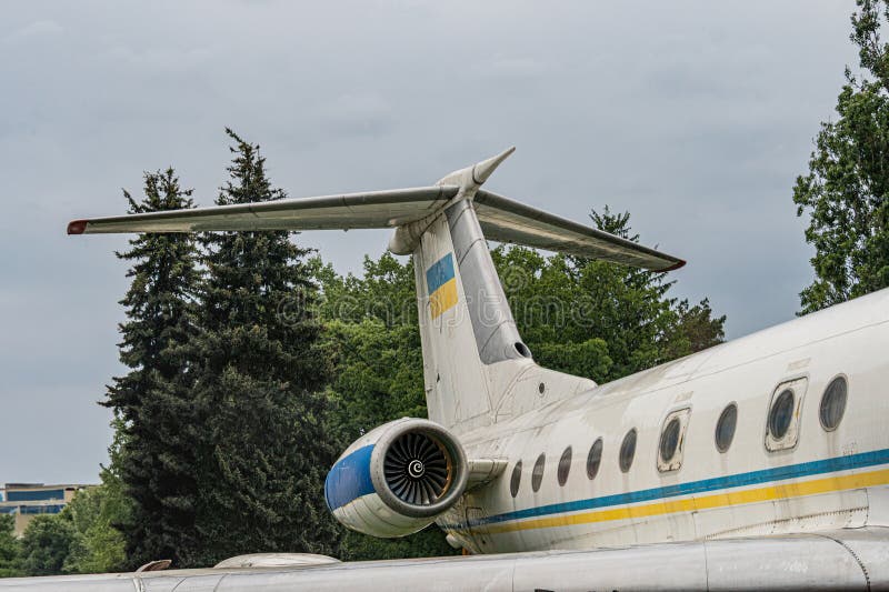 Close-up Image of a Blue and Yellow Passenger Jet Engine in Motion ...