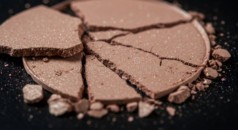 Broken Makeup Compact: Shattered Pieces of Powder on Black Surface ...