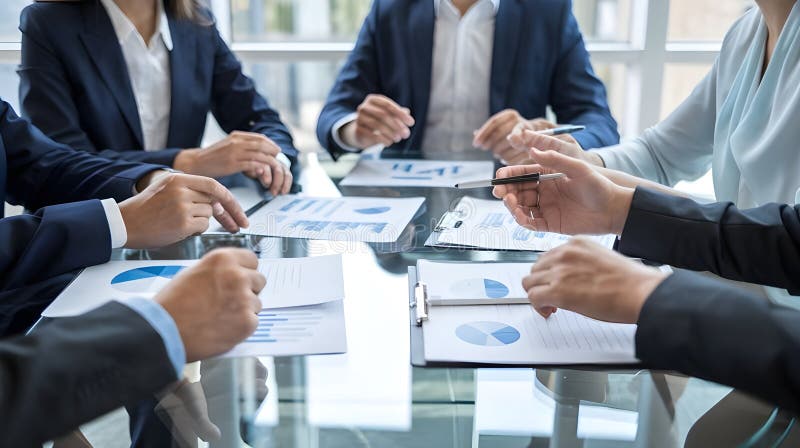 Business Meeting with Charts Graphs and Pen on Table Stock Illustration ...