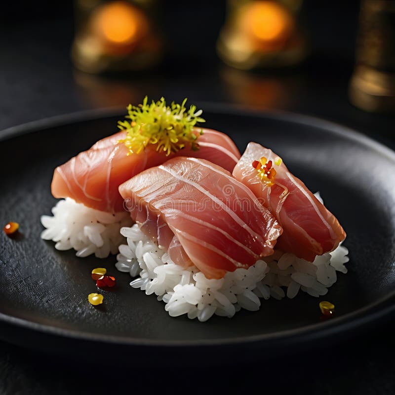 Sashimi with Rice and Garnish on Black Plate, Stock Image - Image of ...