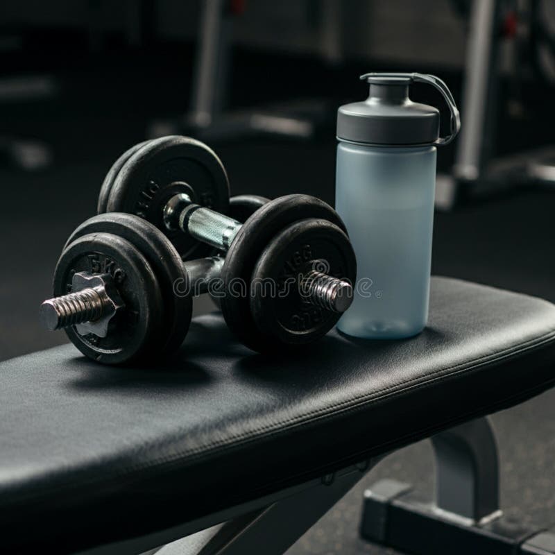 AI-Generated Image: Dumbbells and Water Bottle on Gym Bench Stock ...