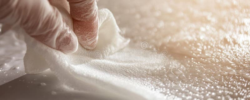 Macro Shot of a Disinfectant Wipe Being Applied with a Gloved Hand on a ...