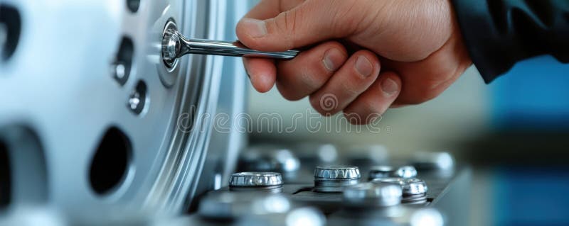 Macro Shot of a Mechanic Using a Wrench To Tighten Bolts on a Shiny ...