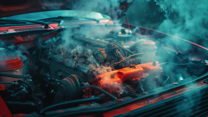 A Closeup Image of a Car Engine with Steam and Smoke Coming from it ...
