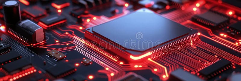 A Closeup Image of a Circuit Board with a Processor Chip Illuminated by ...