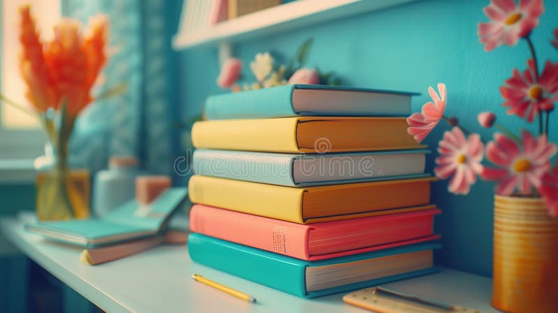 Colorful Stack of Books on a Table Stock Illustration - Illustration of ...