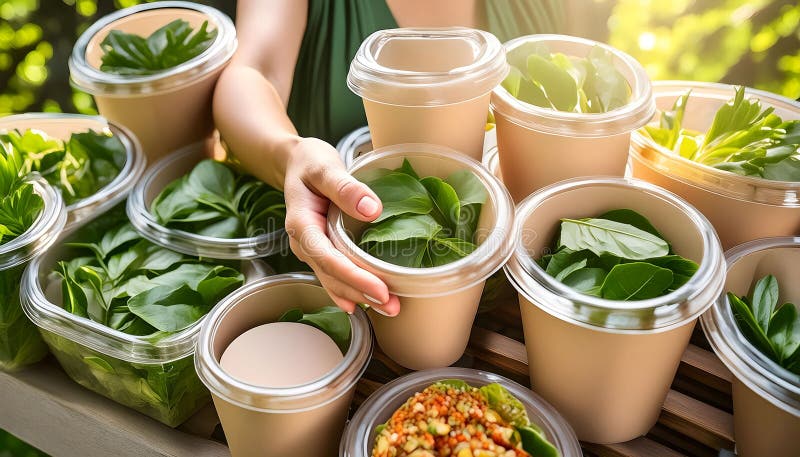 Close-Up of Compostable Food Packaging in Use Stock Illustration ...