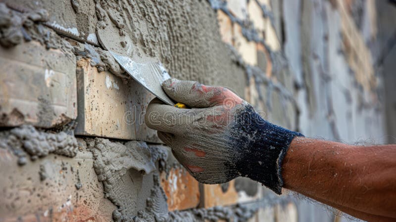Close-up of a Worker S Hand Applying Mortar with a Trowel To a Brick ...