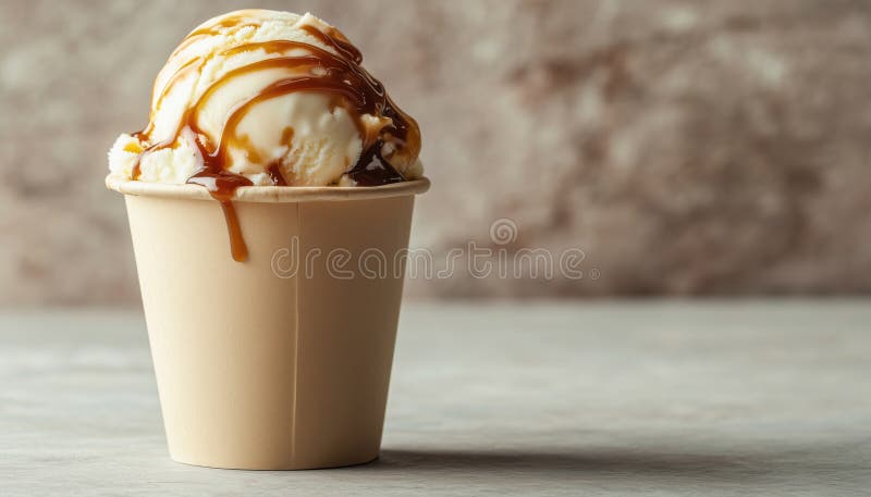 Close-Up Image of a Delicious Ice Cream Sundae with Caramel Sauce in a ...
