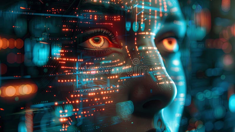 A Close-up Image Depicting a Human Face Overlaid with a Digital ...