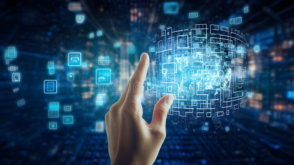 Close Up: Human Hand Touching Virtual Panel with Infographics Stock ...