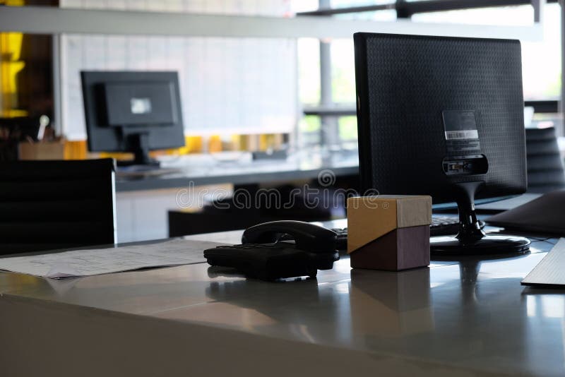 Close Up of a Desk in a Modern Office with a Computer and Telephone ...