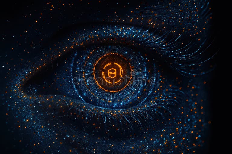 Digital Eye with Data Visualization Glowing Orange and Blue Dots on a ...