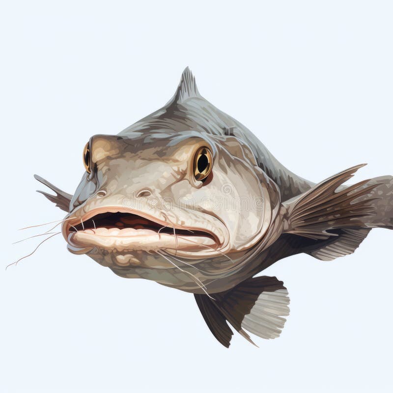 Detailed Close-up Flat Drawing of Catfish on White Background in 8k ...