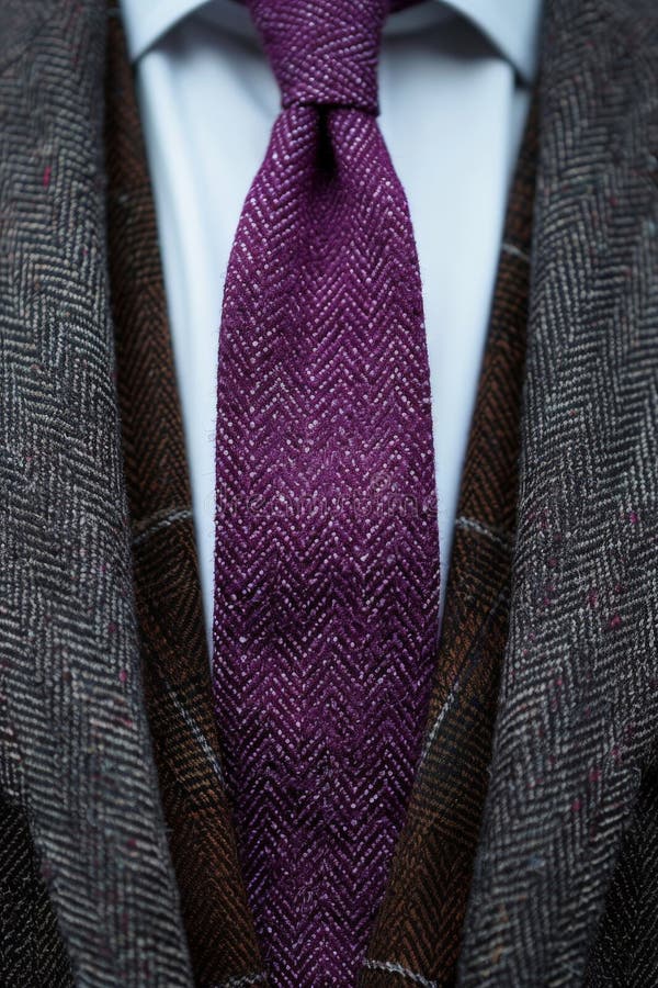 A Close-Up of a Purple Herringbone Necktie Worn with a Brown and Grey ...