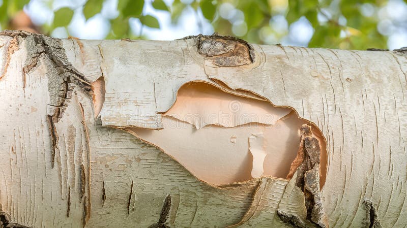 Closeup of Birch Tree Bark Peeling with Bright Green Leaves and Natural ...