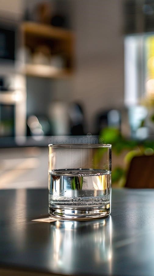 Close-Up of a Glass of Water on Table with Blurred Kitchen and Living ...