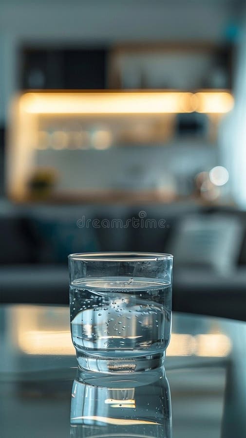 Close-Up of a Glass of Water on Table with Blurred Kitchen and Living ...