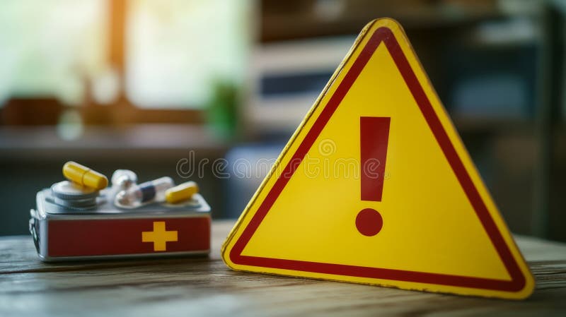 Close-Up of Triangular Yellow Health Warning Sign with Pills Stock ...