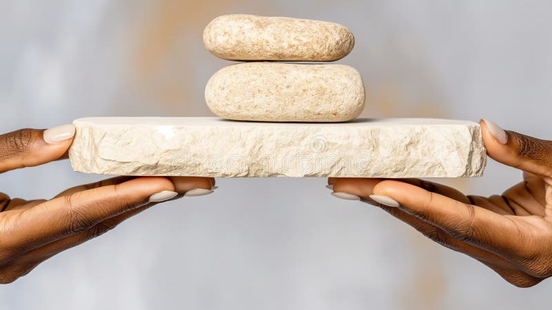 Close-up of Two Hands Balancing White Clay Stones on a Rectangular ...
