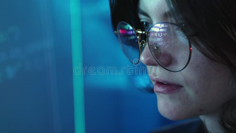 Close Up Image Of Female Face Programmer Software Developer Looking