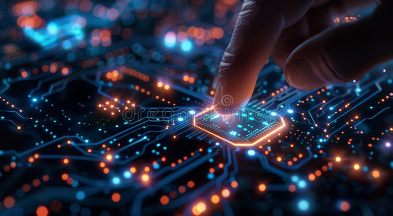 Close-up of Finger Touching Digital Screen with Glowing Circuit Board ...
