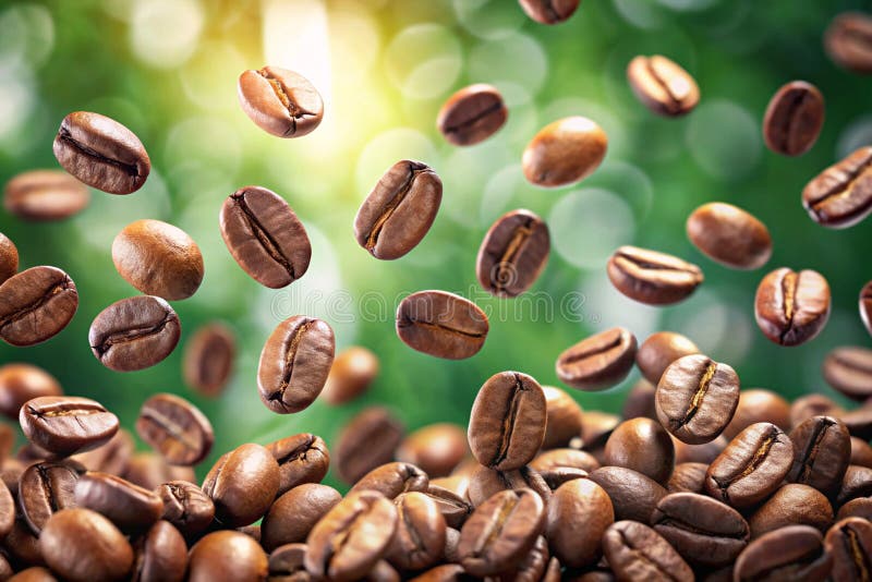 Close-up View of Floating Coffee Beans with a Soft Green Background ...
