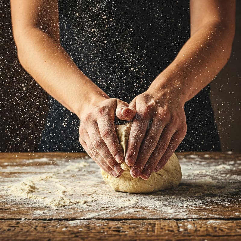 Floured Hands Kneading Dough on a Rustic Wooden Surface, with Specks of ...