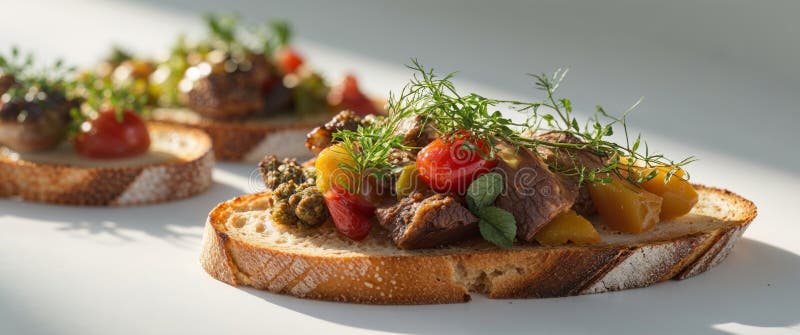 Close Up Image of Food Served on Crusty Bread Slices Stock Image ...