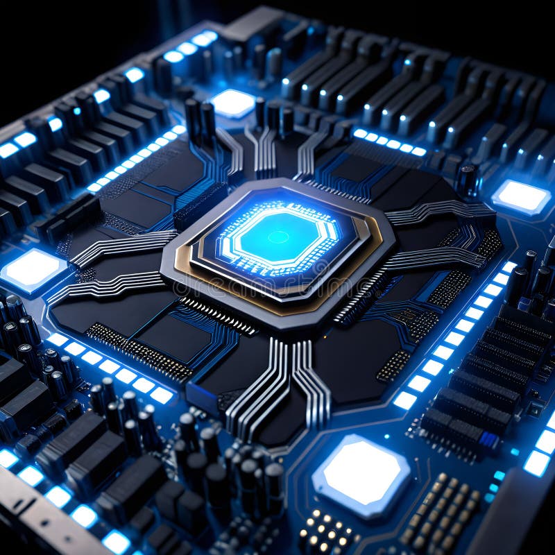 Futuristic Computer Motherboard with Glowing CPU and Blue LED Lights ...