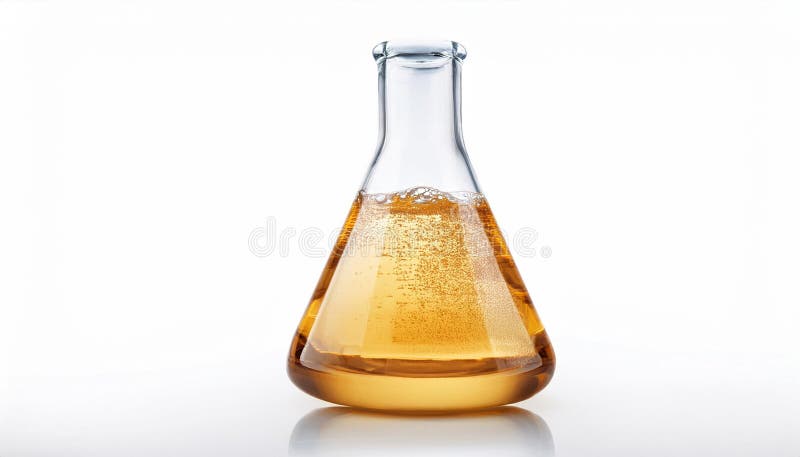 Glass Beaker with Yellow Liquid and Bubbles on White Background Stock ...