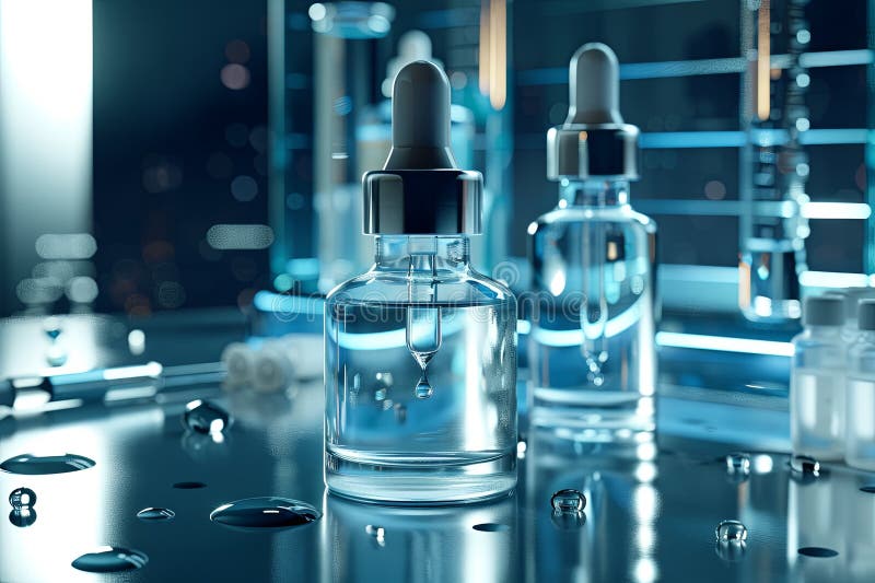 A Close-up Image of Glass Serum Bottles with Droplets on a Shiny ...