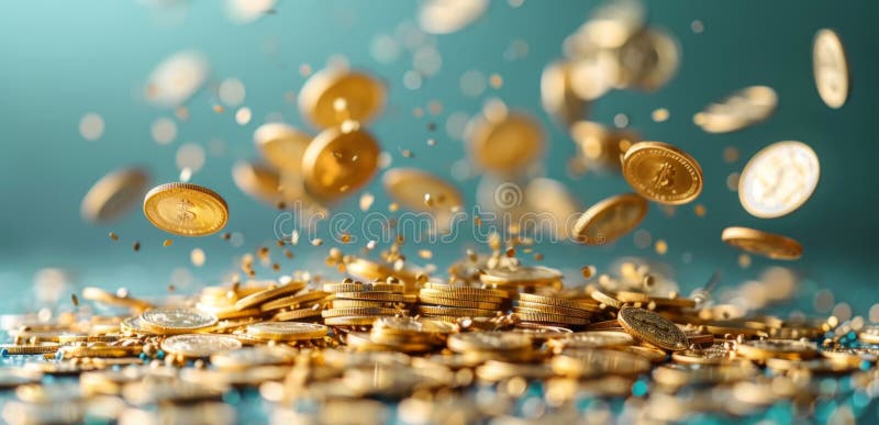 Golden Coins Falling on a Pile Stock Photo - Image of gold, value ...