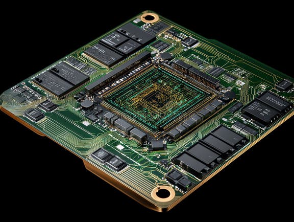 Close-up Image of a Green Circuit Board with Gold Edges, Centered on a ...