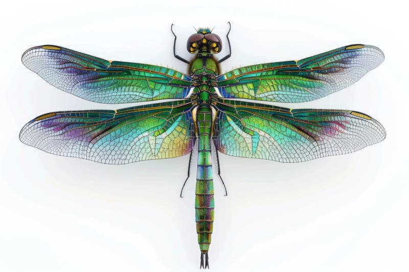 A Close-up Image of a Green Dragonfly with Large Wings on a White ...