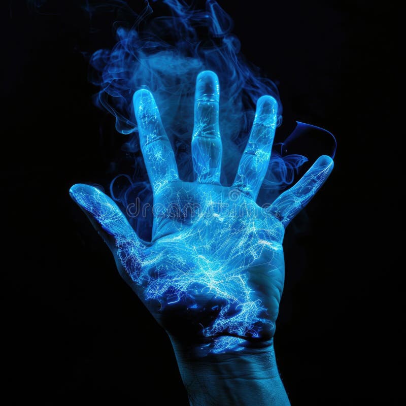 A Close-up Image of a Hand with Blue Smoke Emerging from the Fingers ...